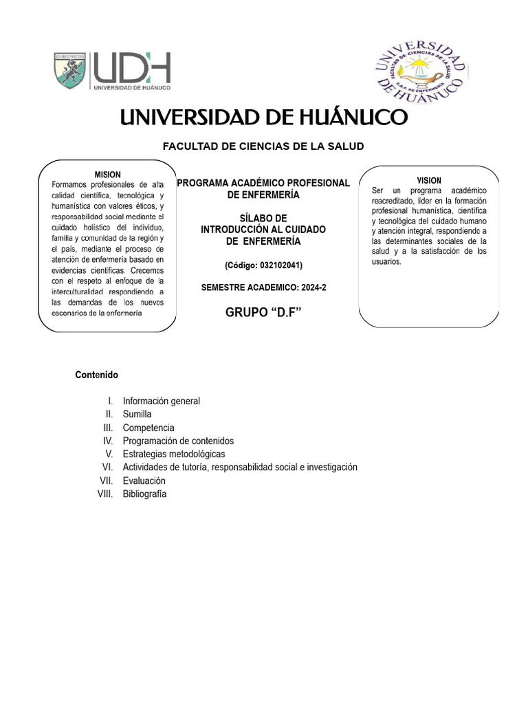 Silabo Introducci-N Al Cuidado de Enfermer-A 2024-2 Grupo D - F - MG - Percy Rodr-Guez Retis ...