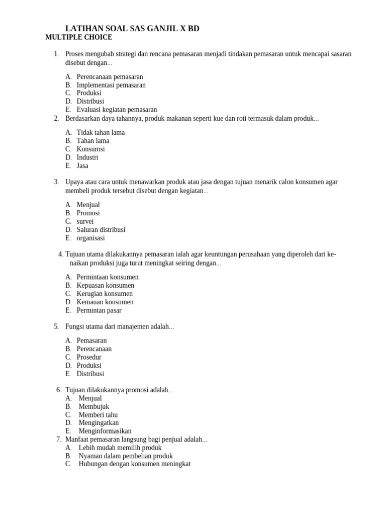 LATIHAN SOAL SAS GANJIL X BD | PDF