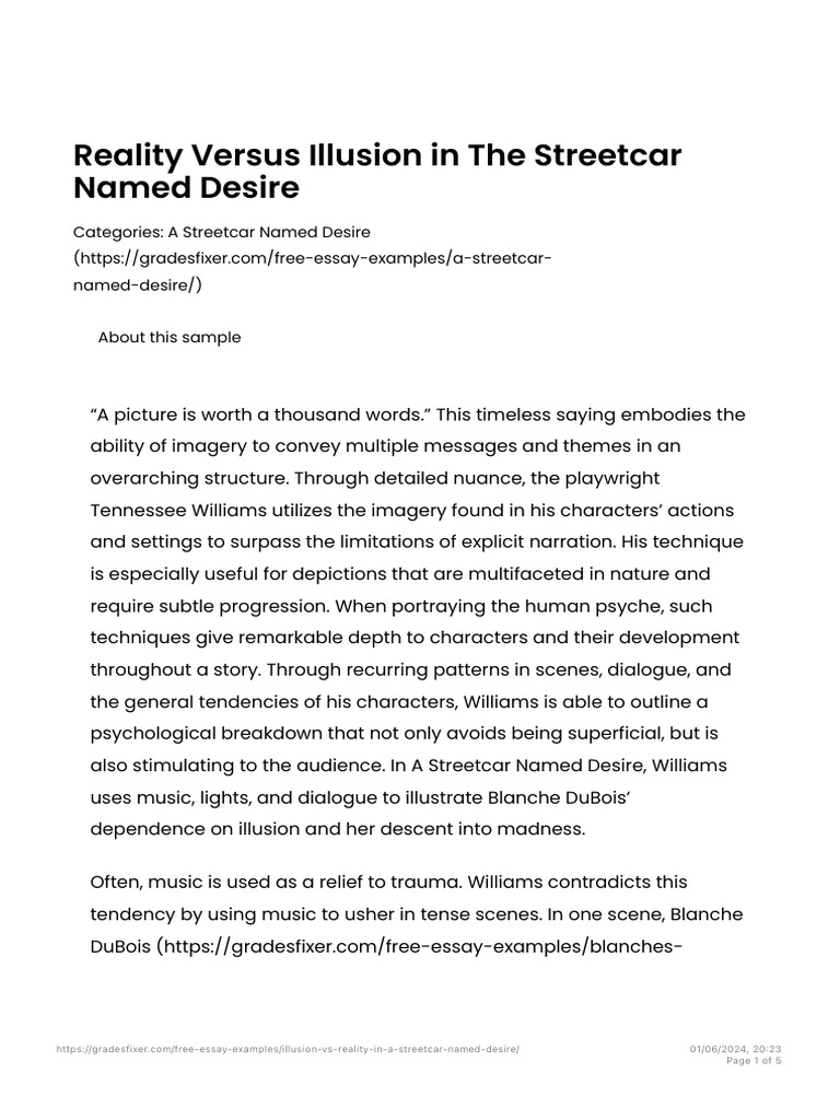 Reality Versus Illusion in the Streetcar Named Desire- [Essay Example ...