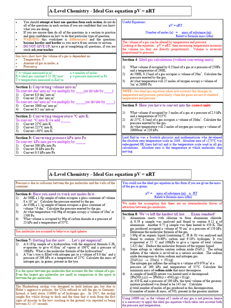 PV NRT Differentiated Questions | PDF | Gases | Temperature