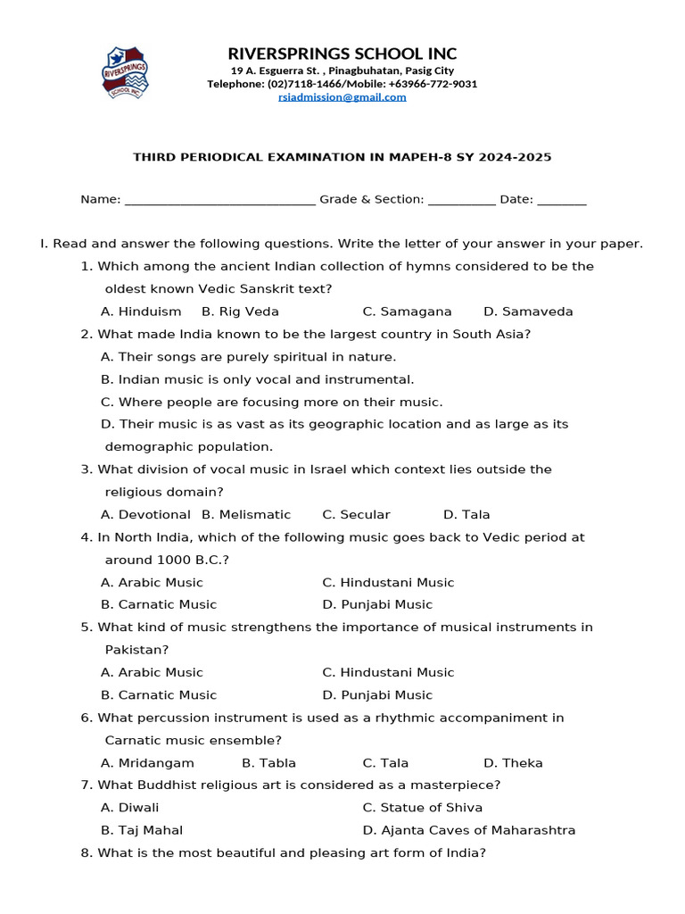 MAPEH-8 Third Periodical Exam 2024-2025 | PDF | Infection | Carpet