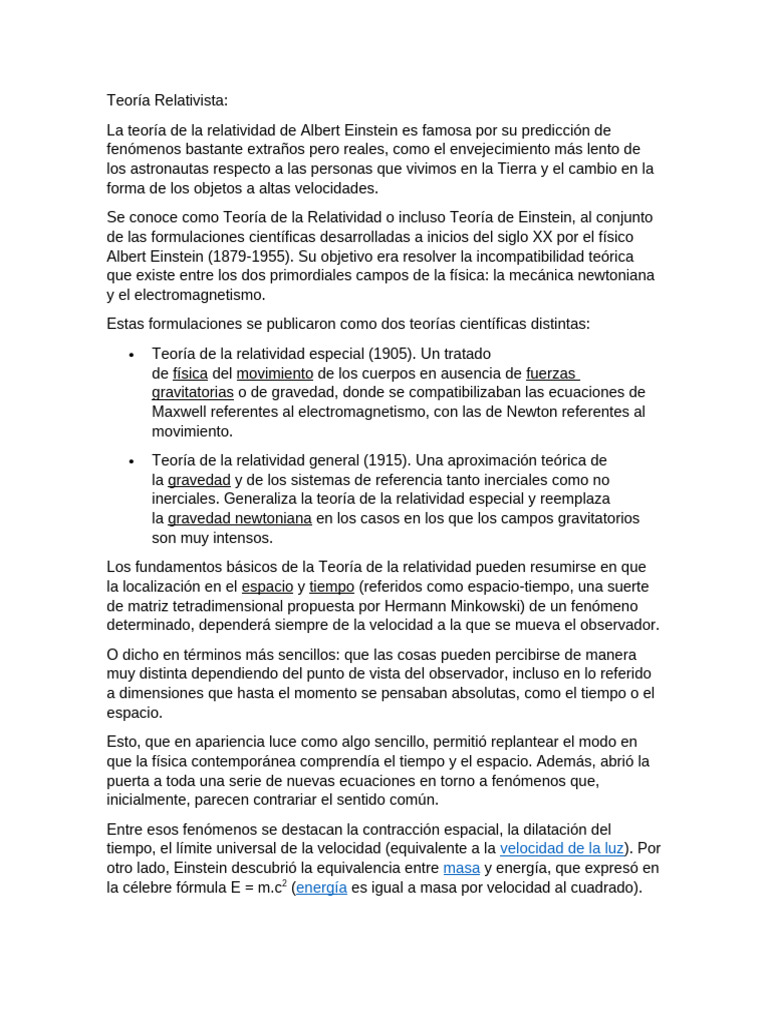 Teoría Relativista | PDF | Relatividad general | Teoría de la relatividad