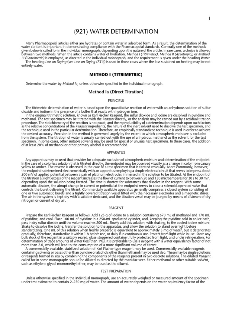 〈921〉 Water Determination | PDF | Titration | Chemistry