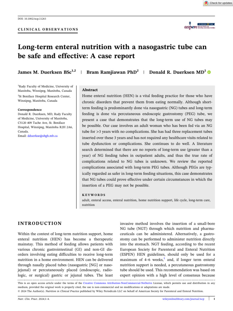 Nut in Clin Prac - 2024 - Duerksen - Long Term Enteral Nutrition With A Nasogastric Tube Can Be ...