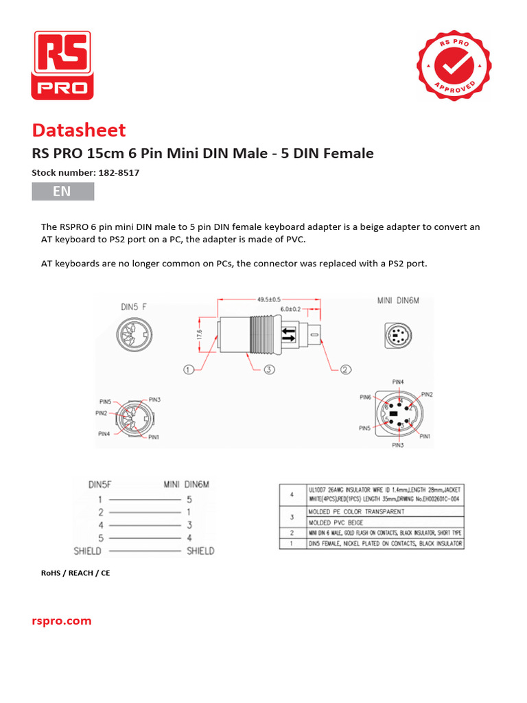 Datasheet: RS PRO 15cm 6 Pin Mini DIN Male - 5 DIN Female | PDF