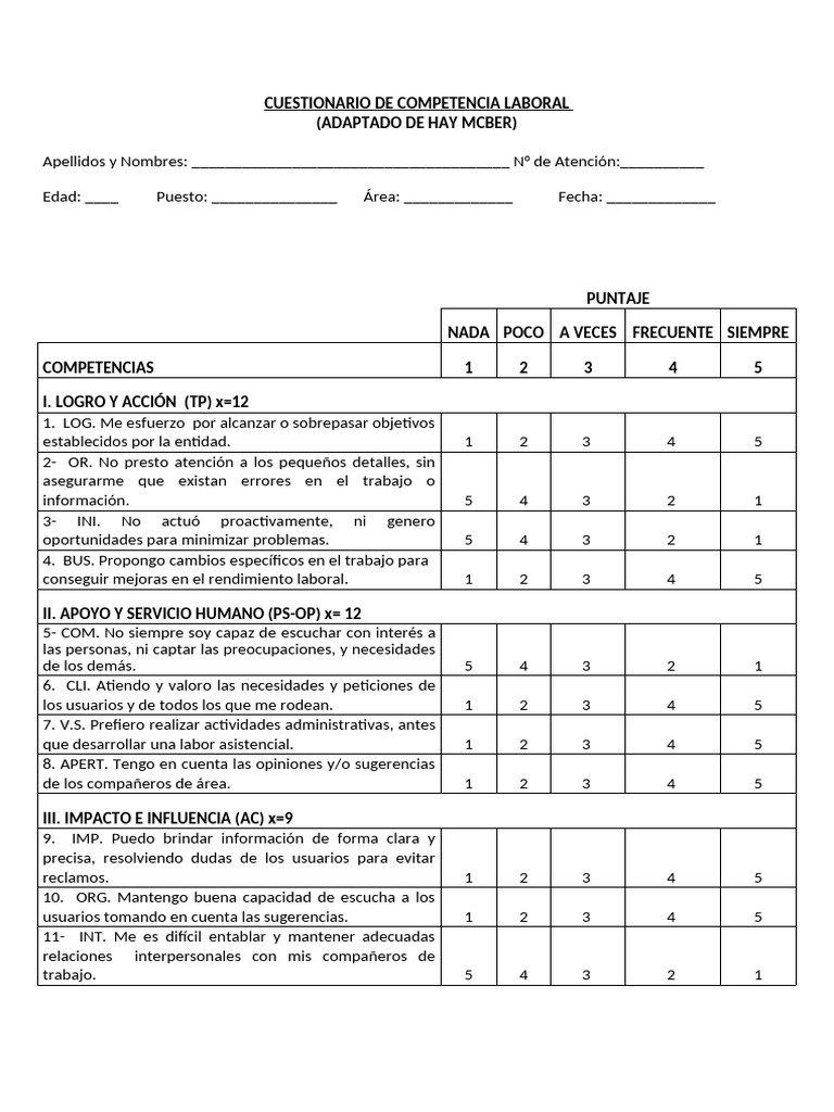 Cuestionario de Competencias Laborales | PDF | Conceptos psicologicos ...