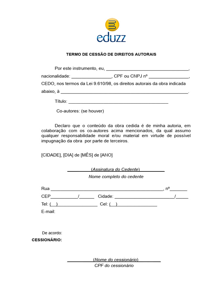 Termo de Cessão Direitos Autorais - Eduzz | PDF