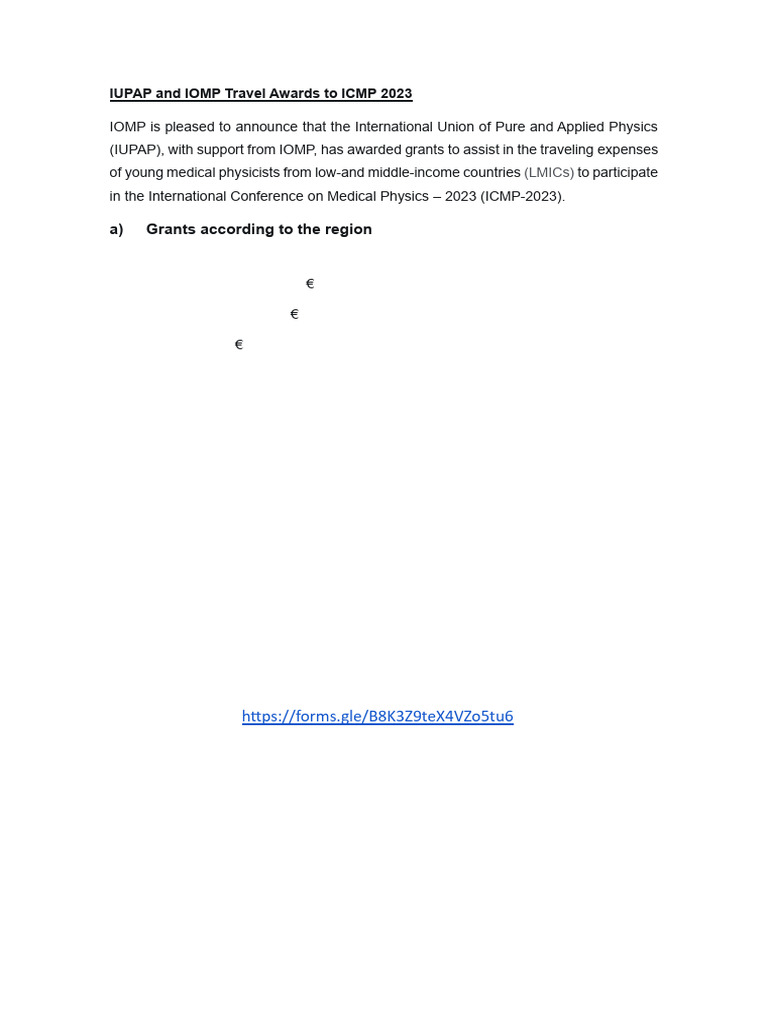 Call For Application - IUPAP - IOMP Travel Awards To ICMP 2023 | PDF