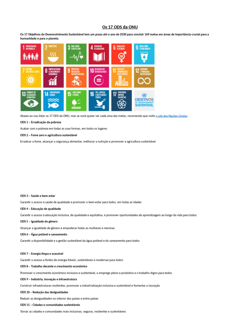 Os 17 ODS Da ONU | PDF | Sustentabilidade | Ambiente natural