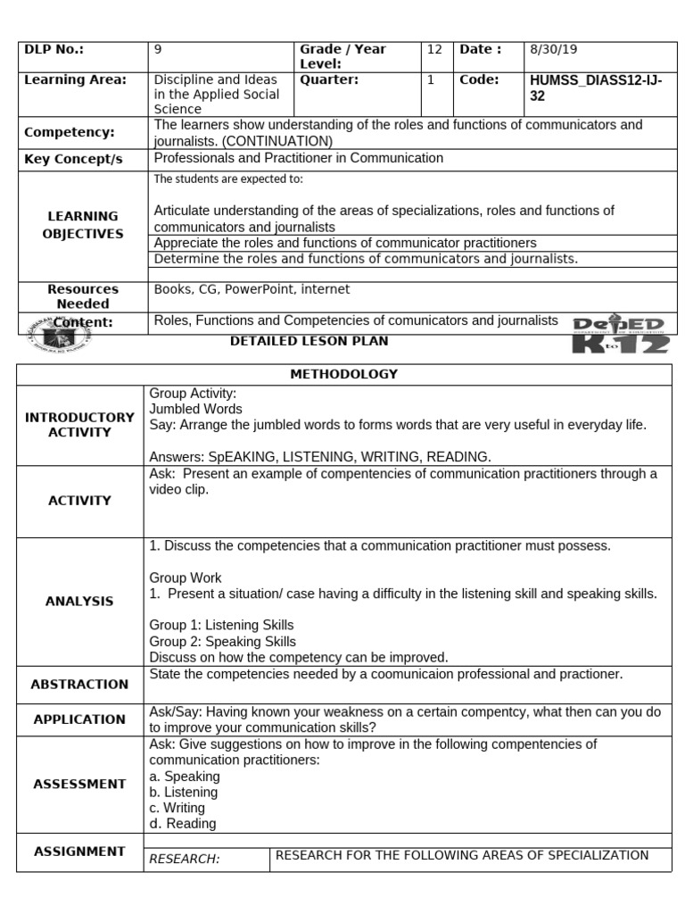 New Lesson Plan 9.2 (Diass) | PDF | Lesson Plan | Communication