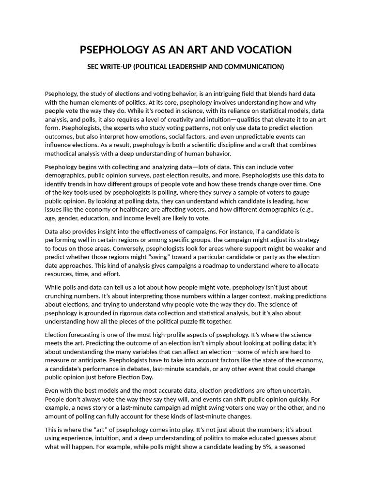 Psephology As An Art and Vocation | PDF | Opinion Poll | Elections