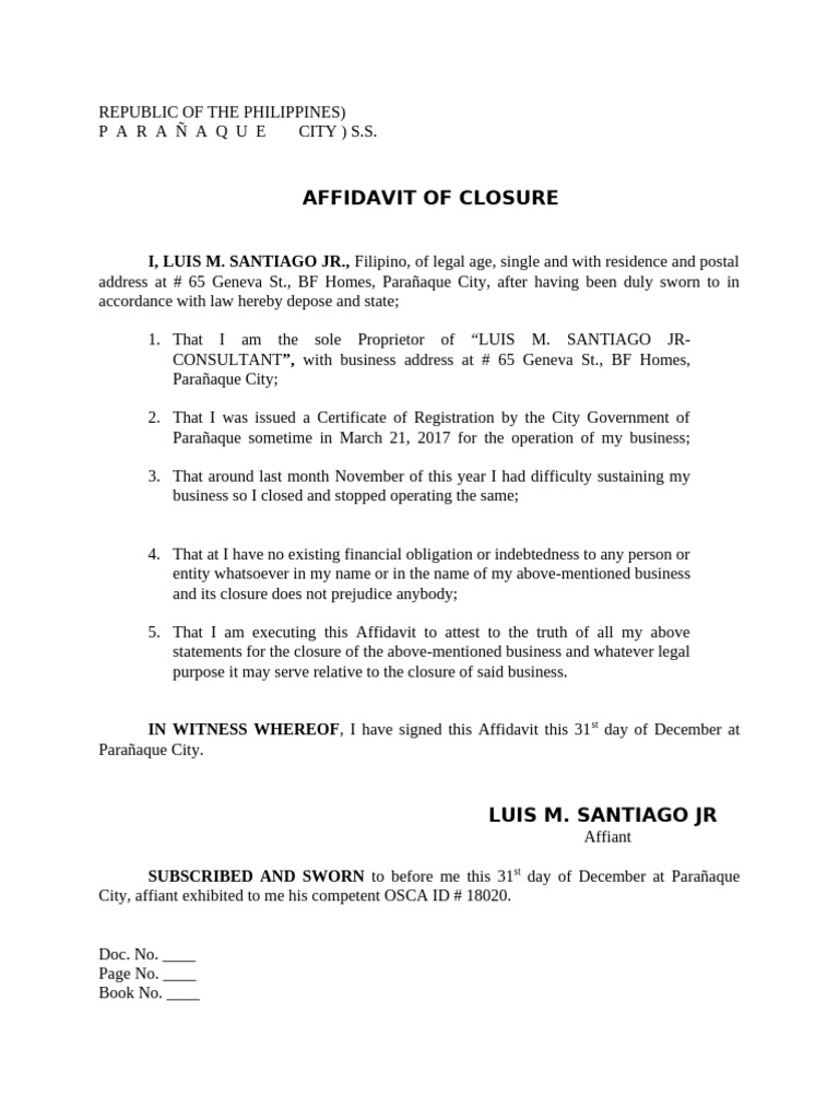 AFFIDAVIT of Closure-Business SANTIAGO | PDF | Affidavit | Evidence