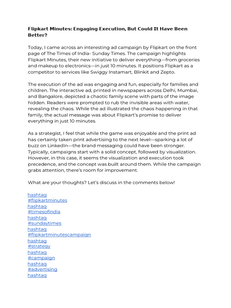 Flipkart Minutes Ad Campaign Review | PDF