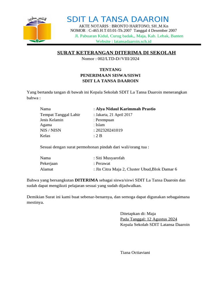 Surat Diterima Disekolah | PDF
