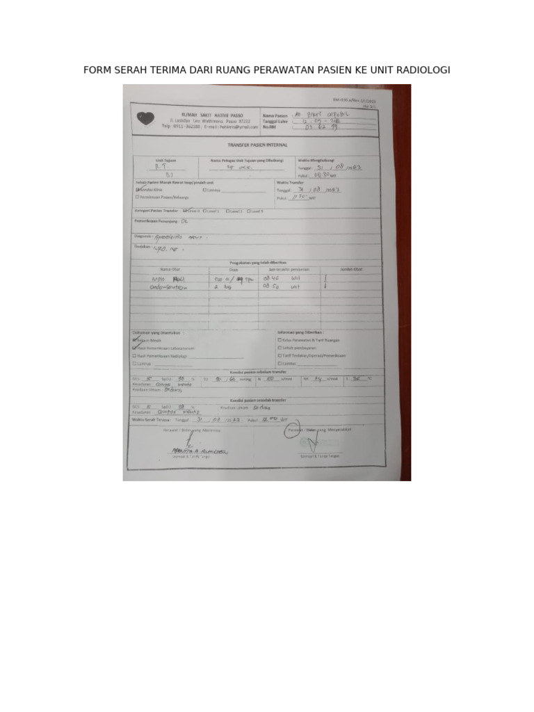 SKP 2.form Serah Terima Dari Ruang Perawatan Pasien Ke Unit Radiologi | PDF