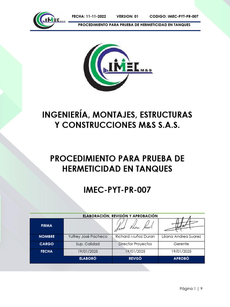 Imec-Pyt-Pr-007 Procedimiento para Prueba de Hermeticidad en Tanques TKV | PDF | Agua ...