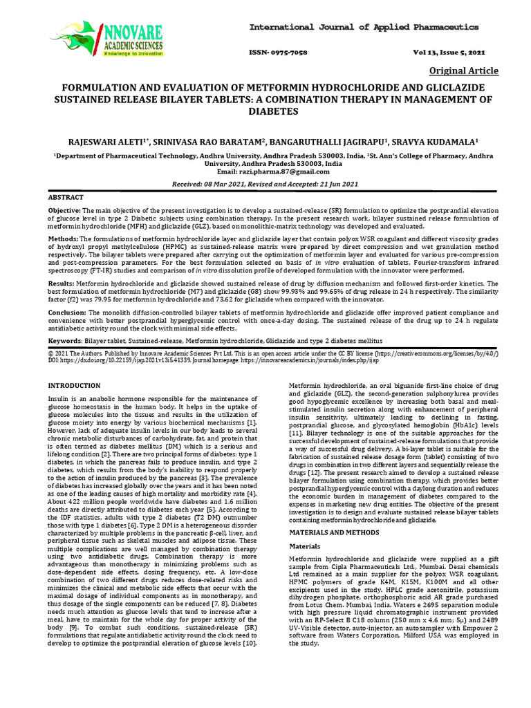 Formulation And Evaluation Of Metformin 2 Pdf Diabetes Insulin