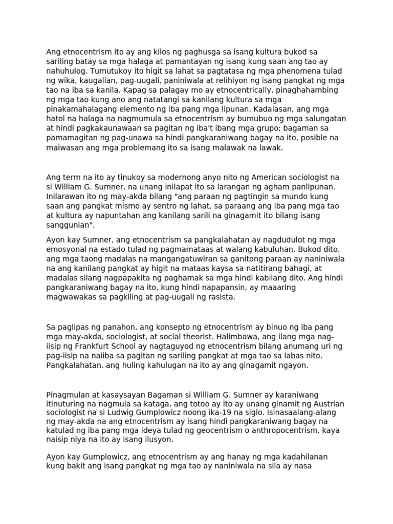 Ang Etnocentrism Ito Ay Ang Kilos NG Paghusga Sa Isang Kultura Bukod Sa ...