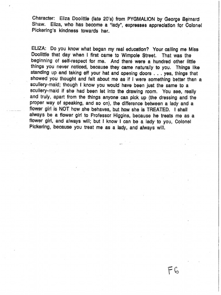 Eliza Doolittle From Pygmalion (Drama) | PDF