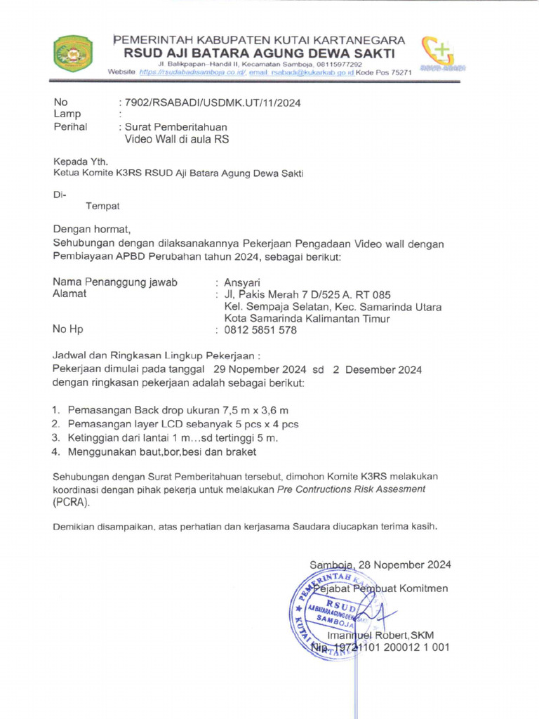 Surat Utk K3RS Video wall | PDF