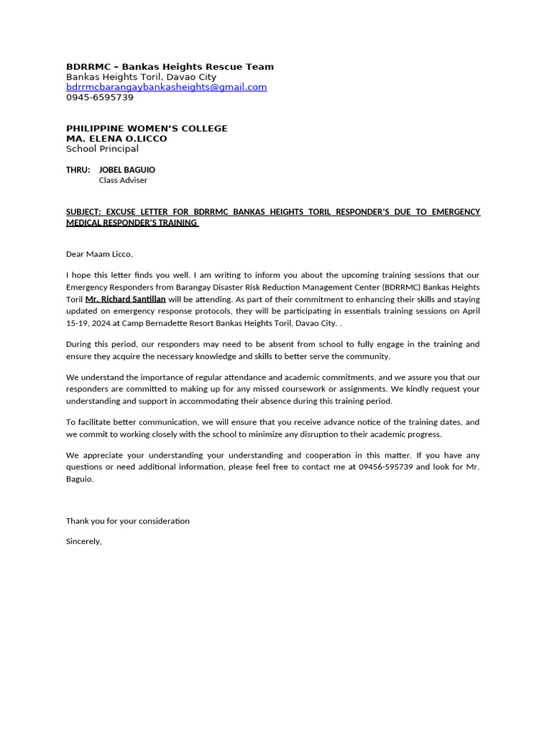 Excuse Letter For EMR Training | PDF | Emergency | Risk Management