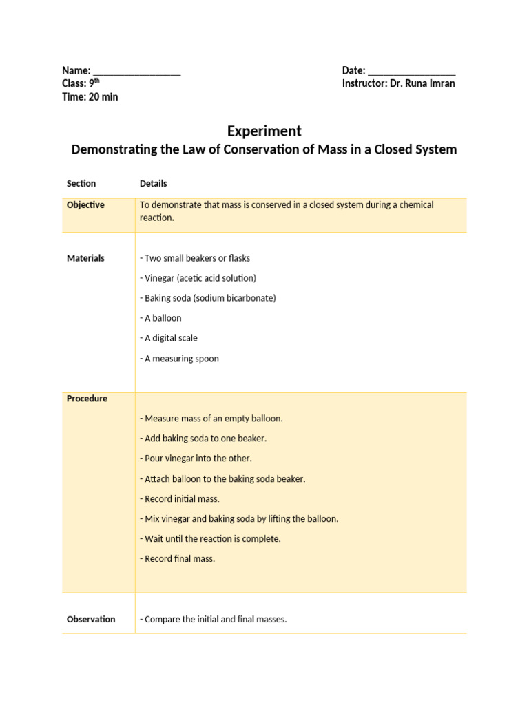 Conservation of Mass Experiment Guide | PDF