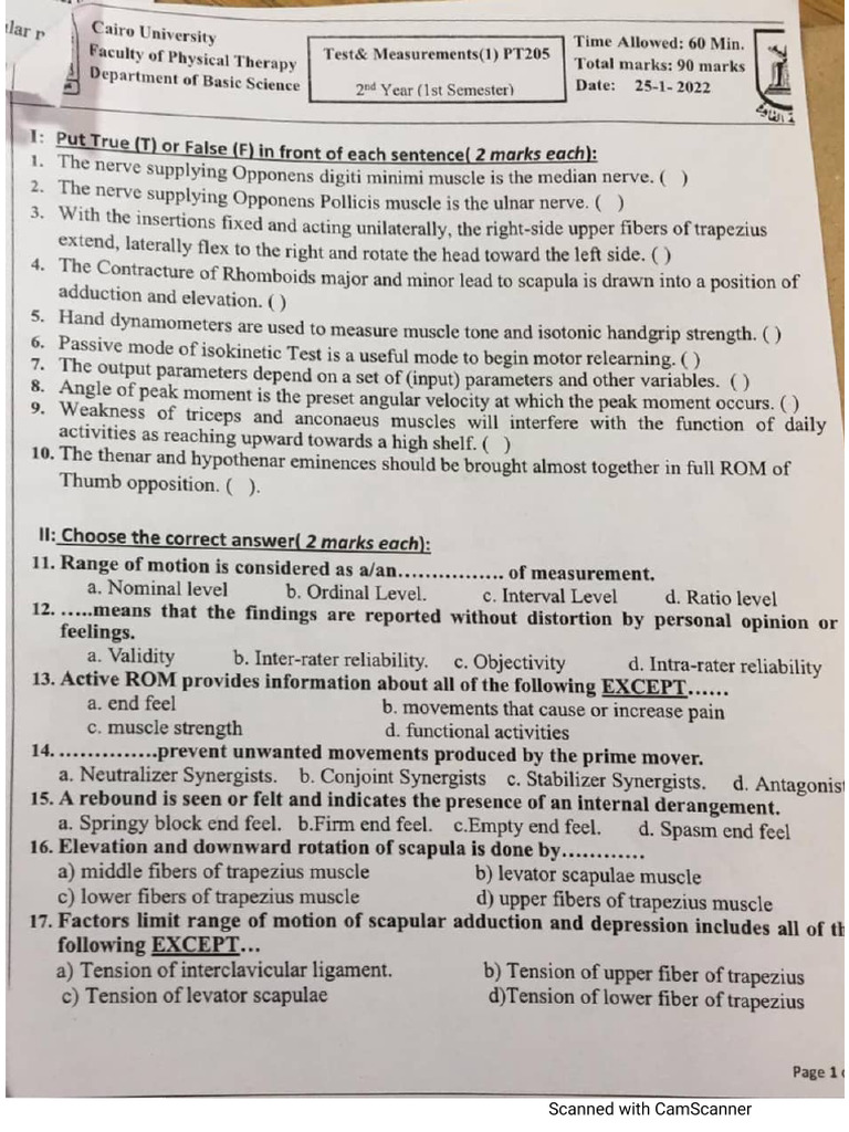 Muscle Test Final Theoritical Exam 2022 | PDF