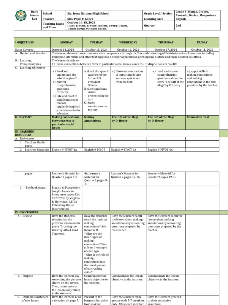 Grade 9 English Daily Lesson Log | PDF | Reading Comprehension | Behavior Modification