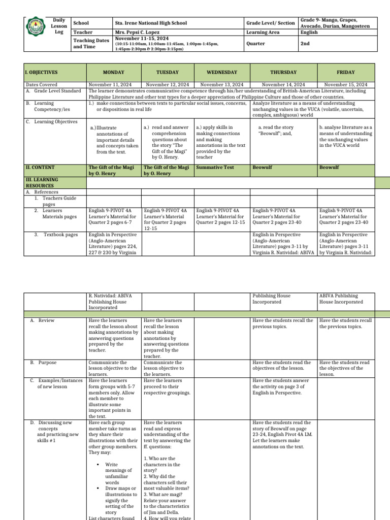 Grade 9 English Daily Lesson Log | PDF | Reading Comprehension | Education Theory