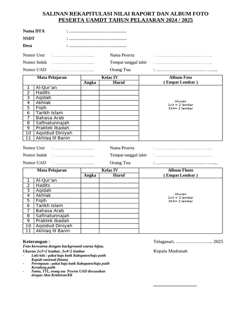 Form Nilai Foto Rapot Uamdt 2025 | PDF