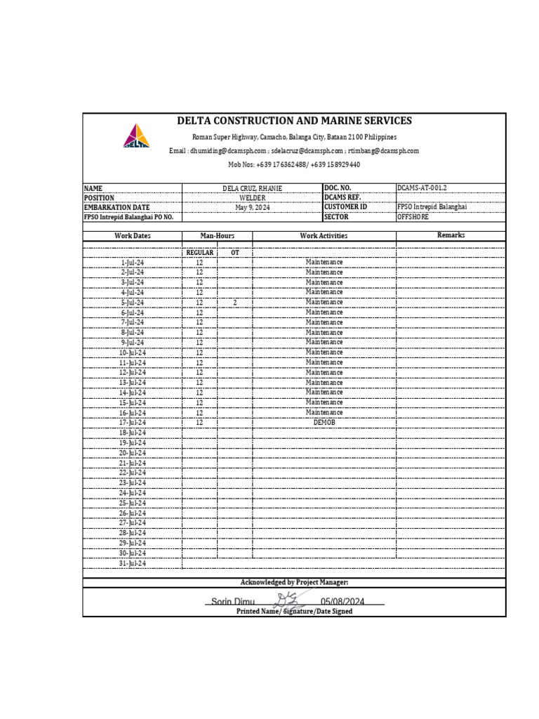 Maintenance Timesheet July 2024 | PDF