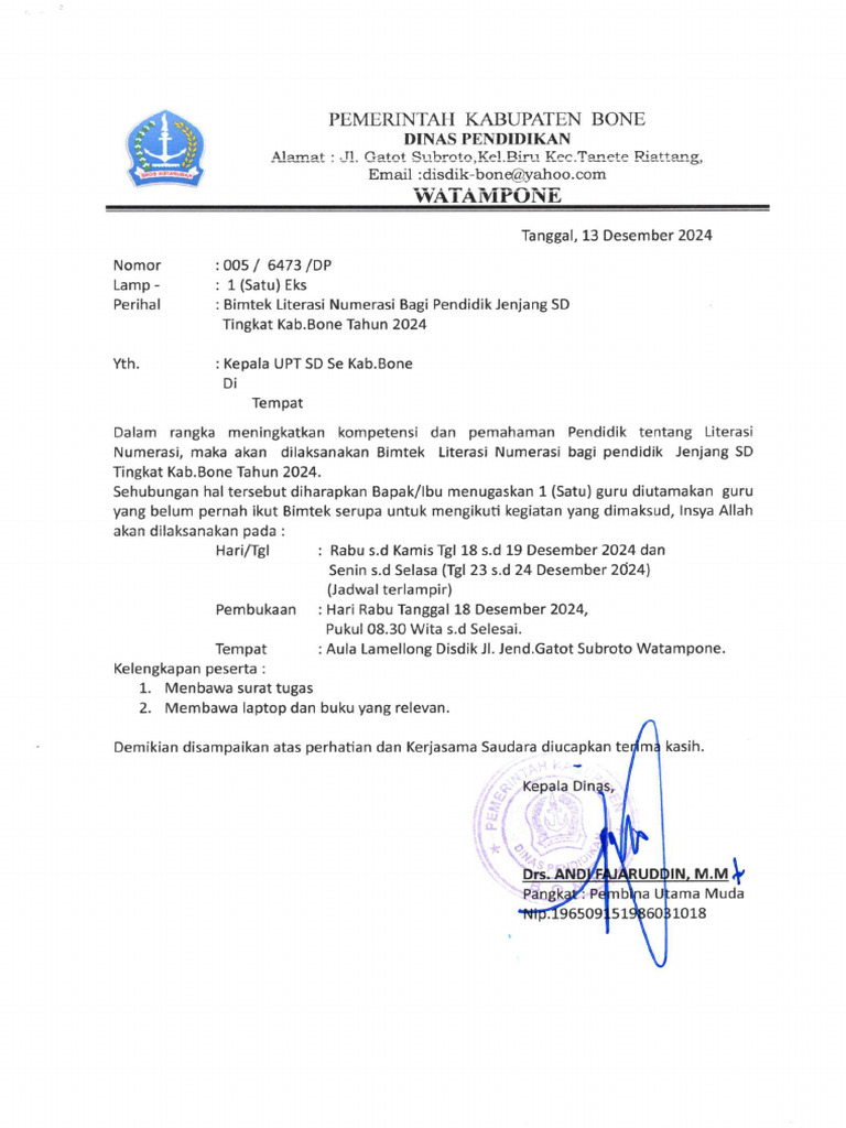 Surat Undangan Bimtek Literasi Numerasi 2024 | PDF