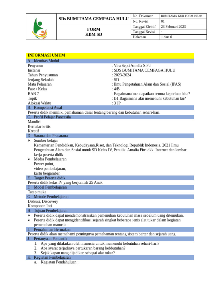 MODUL AJAR IPAS BAB 7 (Supervisi Vira Septi Amelia) | PDF