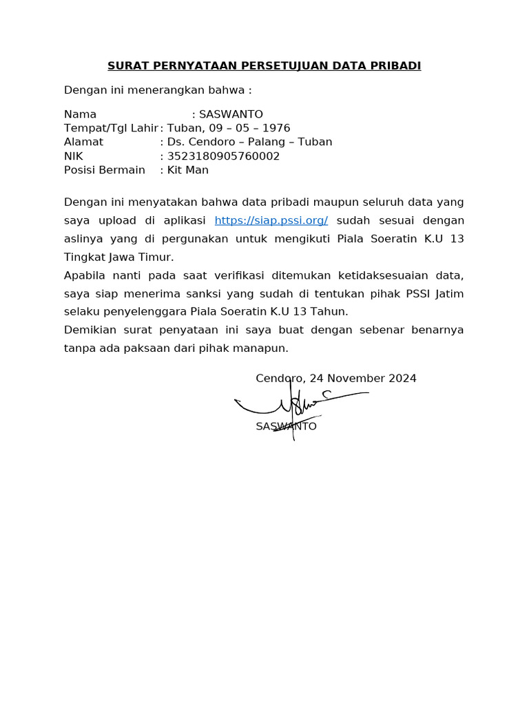 Surat Persetujuan Data Pribadi PSSI | PDF