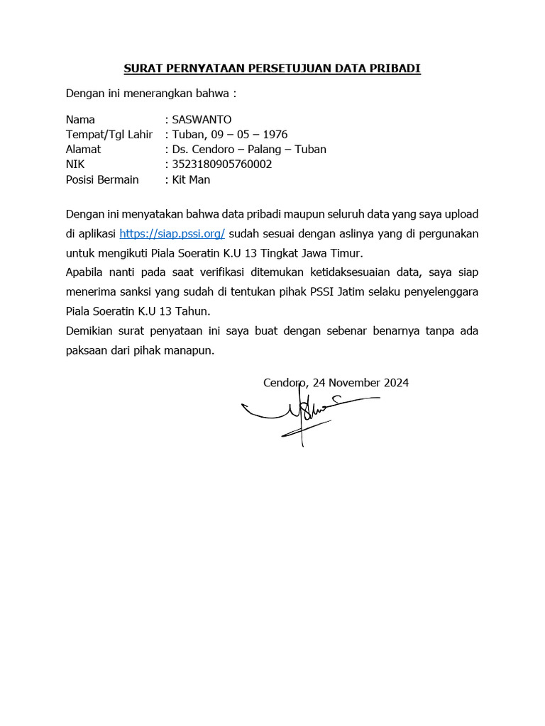 Surat Pernyataan Persetujuan Data Pribadi | PDF