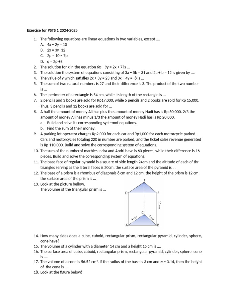 Math Exercises for PSTS 1 2024-2025 | PDF | Area | Sphere