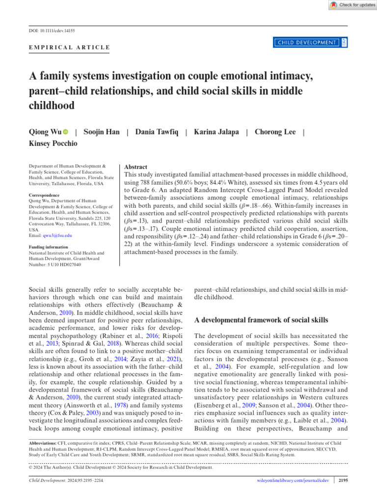 Child Development - 2024 - Wu - A Family Systems Investigation On Couple Emotional Intimacy ...