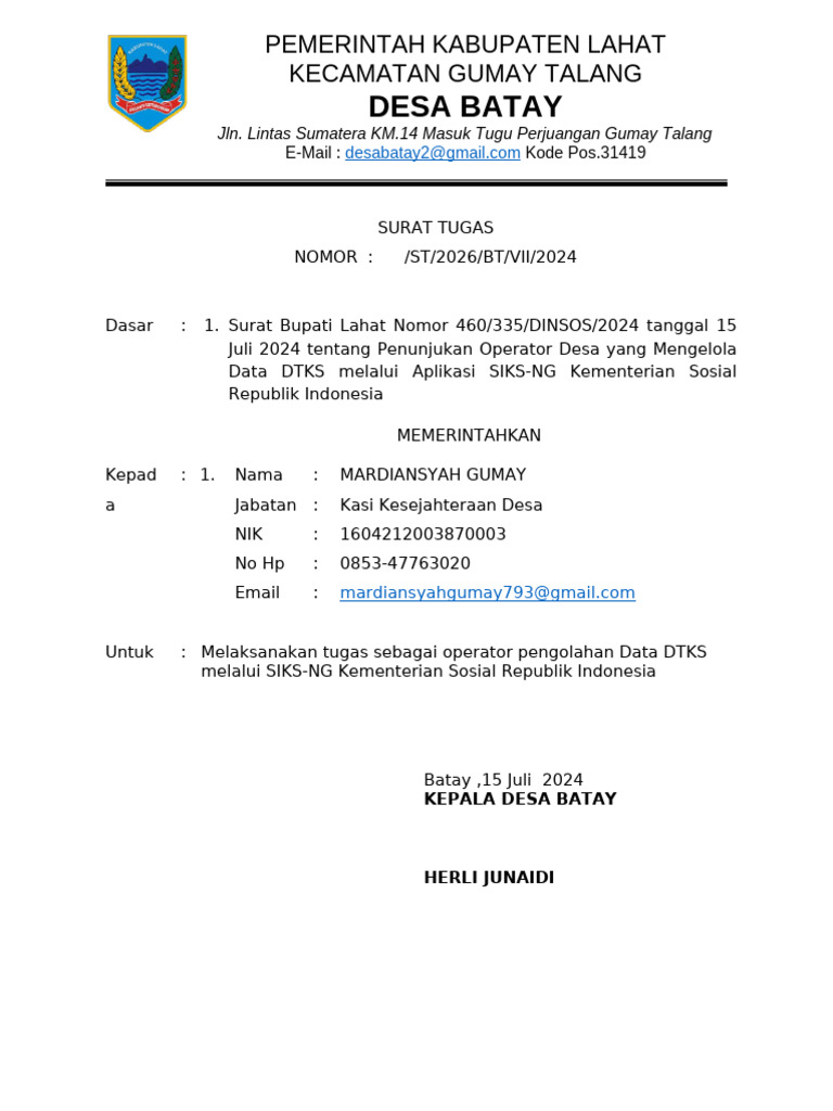 Operator Desa DTKS (Format SK) | PDF