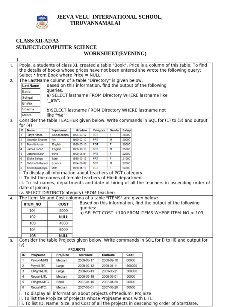 CS Worksheet(Evening) | PDF | Sql | Databases