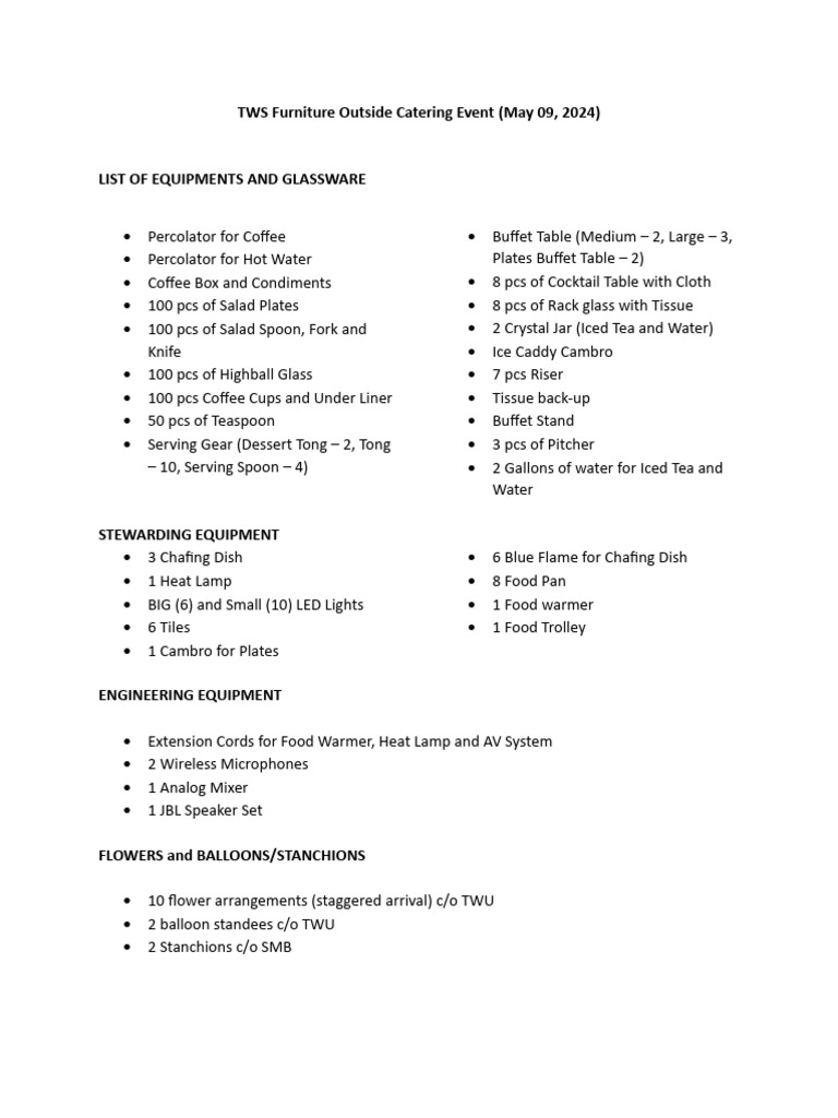 TWS x SIHOO Seda Manila Bay Equipment List | PDF