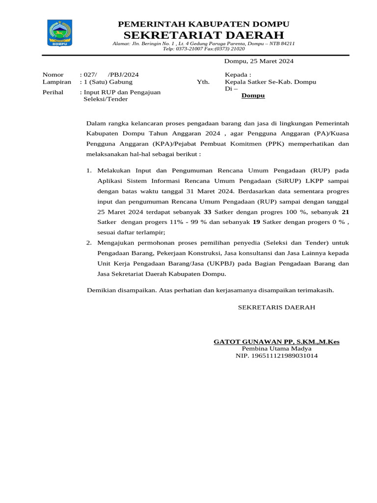 Surat Sekda Input Rup 2024 | PDF