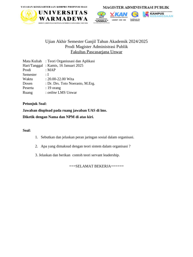 I. 2. SOAL UAS Ganjil MAP 2024-2025 - Teori Organisasi Dan Aplikasi | PDF
