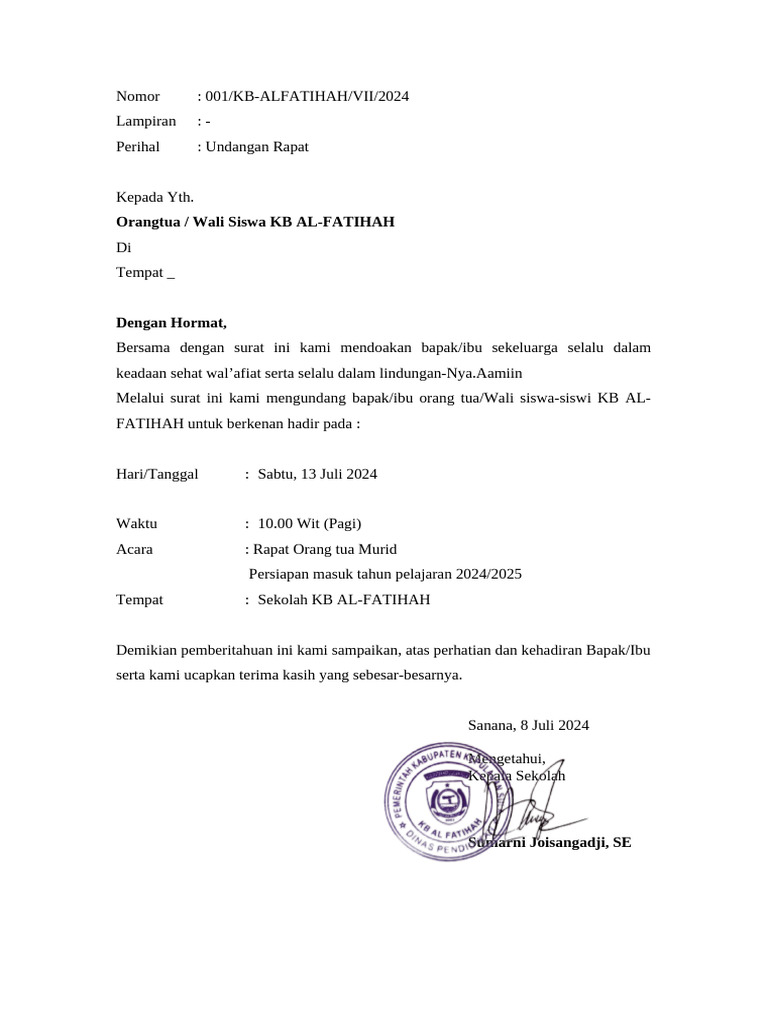 Undangan Rapat Orang Tua KB AL-FATIHAH | PDF