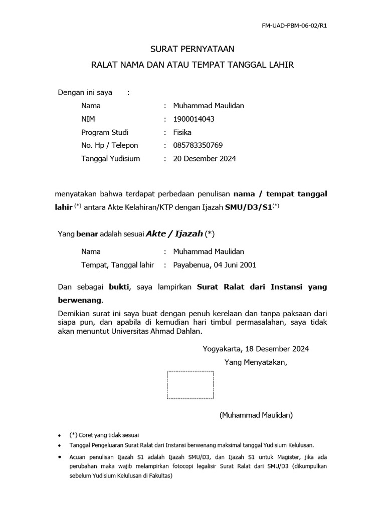 FM-UAD-PBM-06-02 - Form Ralat Nama Dan Atau TTL R1 | PDF