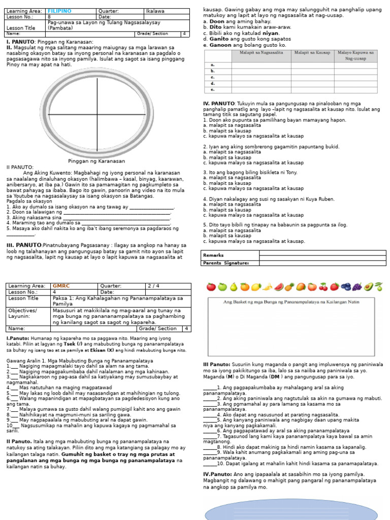 WORKSHEETS-in-Q2-W4-GMRC-FILIPINO-MATH-MAPEH | PDF