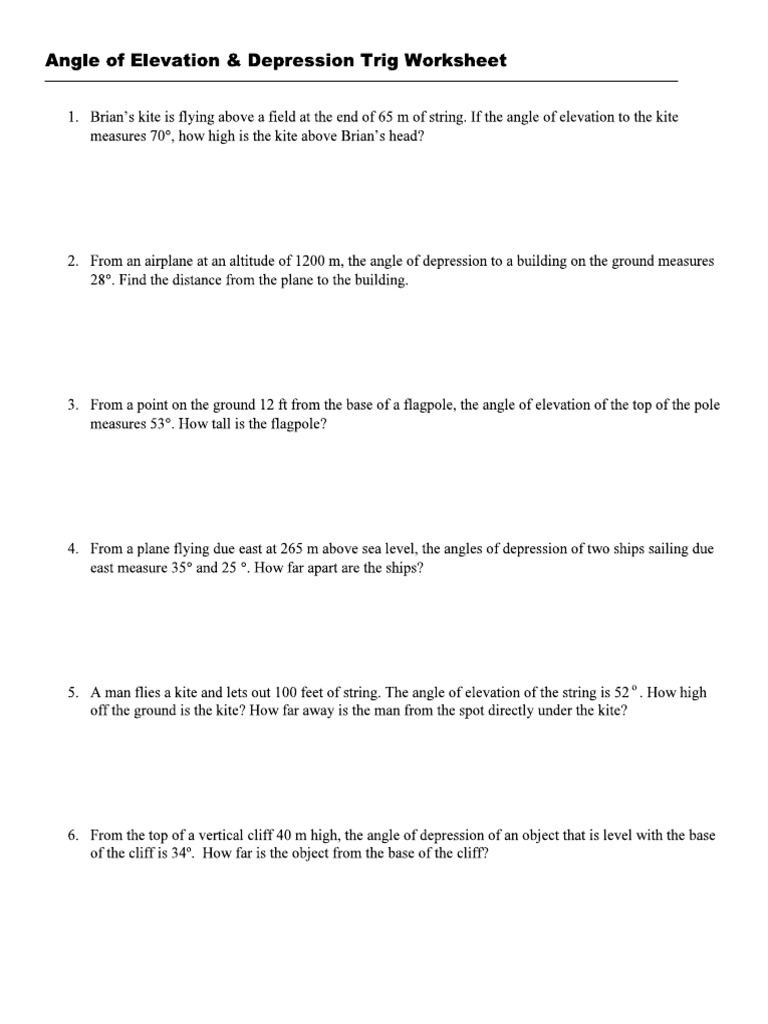 Angles of Elevation and Depression WORKSHEET | PDF