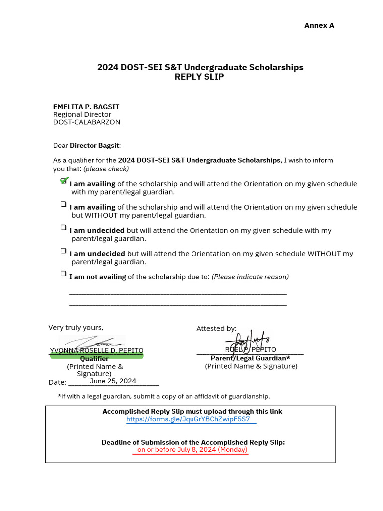 2024 DOST-SEI Scholarship Reply Slip | PDF