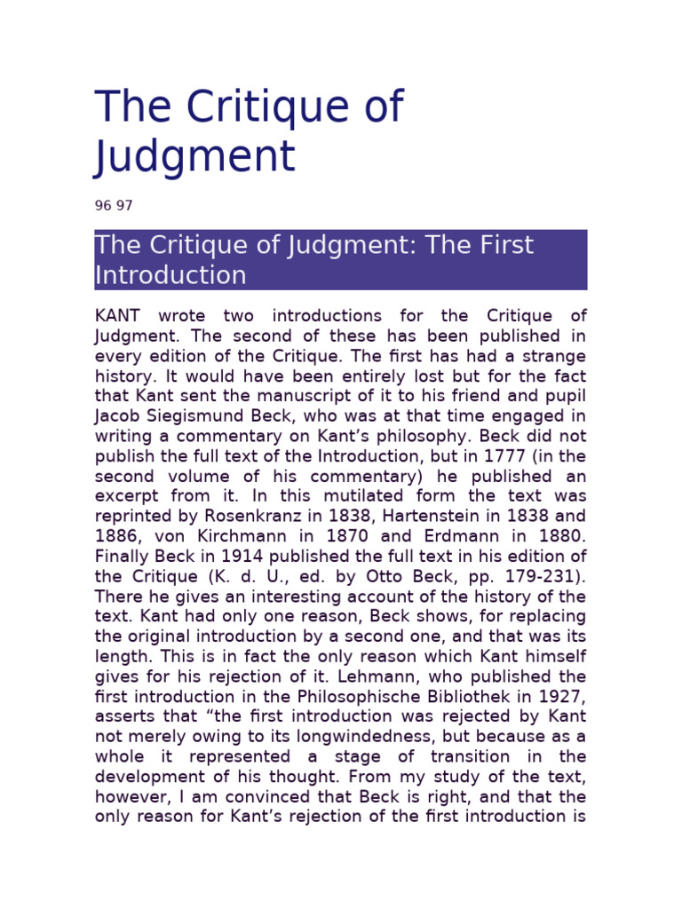 The Critique of Judgment | PDF | Critique Of Pure Reason | Immanuel Kant