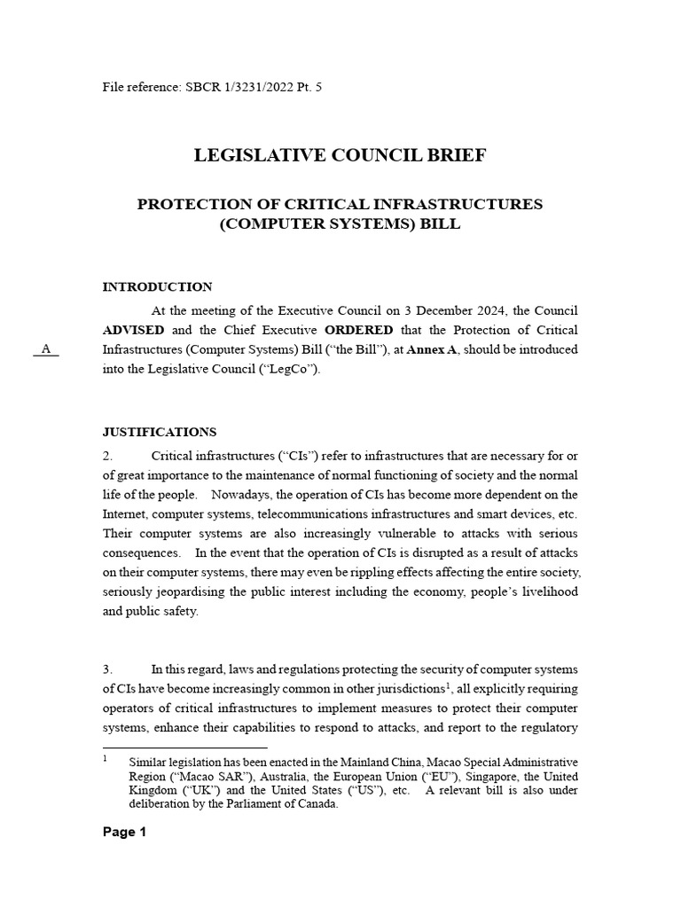 Legislative Council Brief On Protection of Critical Infrastructures ...