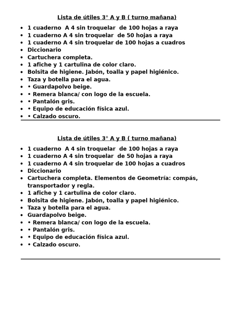Lista de Útiles 3A y 3B | PDF